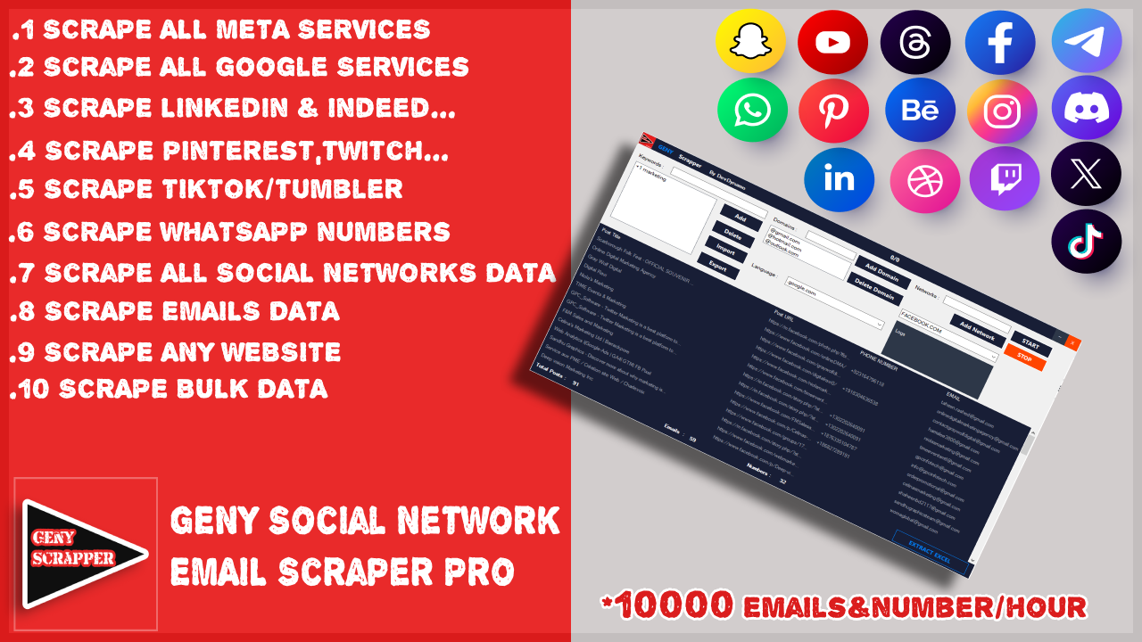 Deny Social Network Bulk Scraper - Scrape emails and phone numbers Data Extractor by DevDynamo